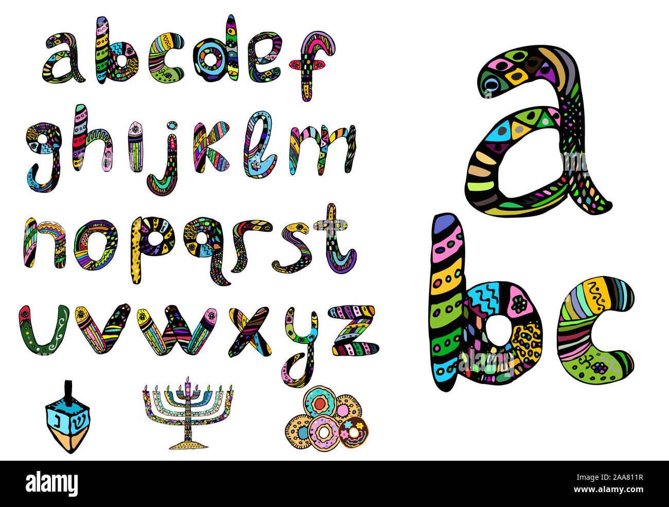 English multicolored alphabet, hanukiya, savivon, donuts. hand draw ...