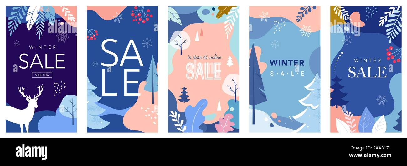 Collection of abstract background designs, winter sale, social media ...