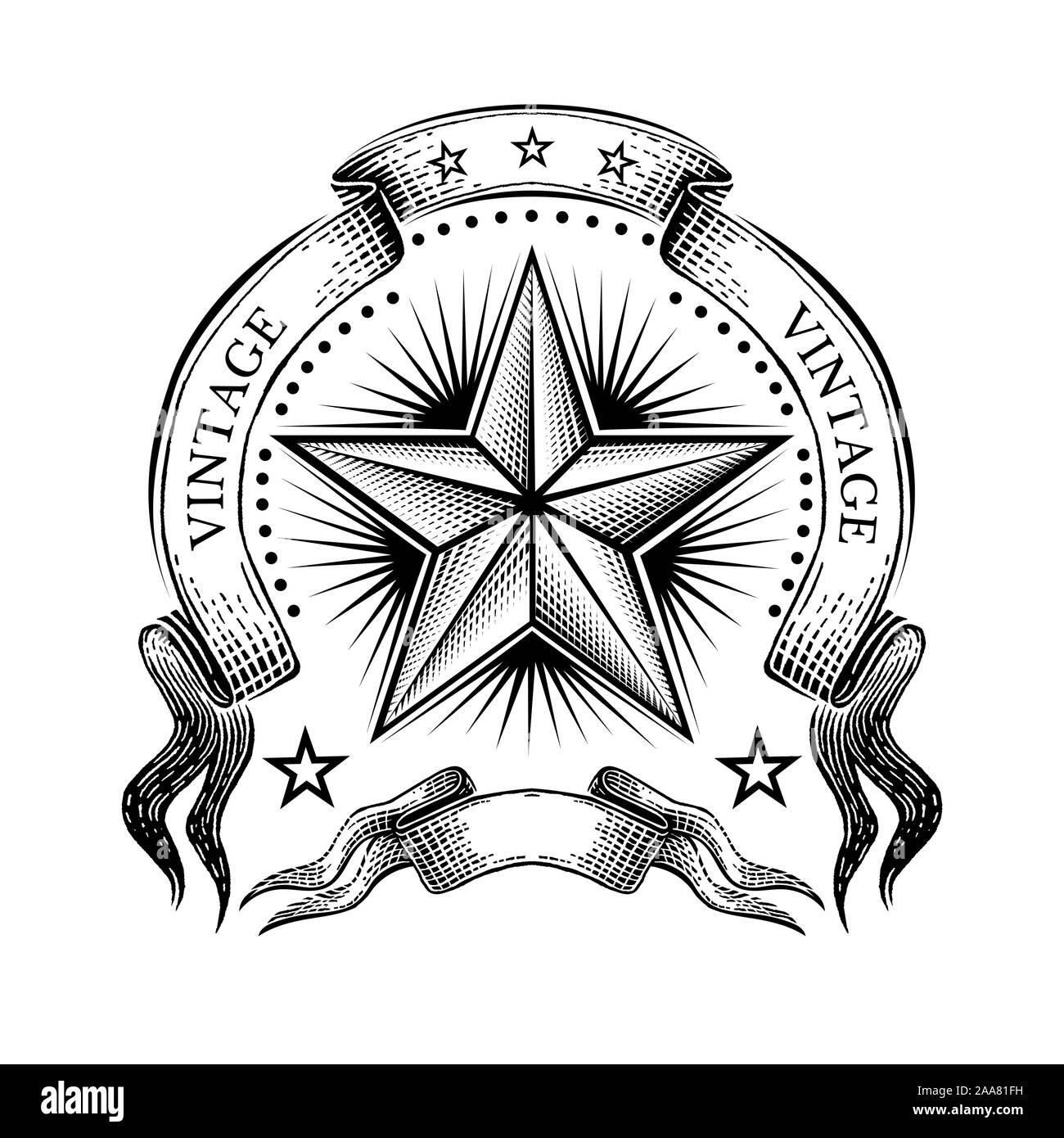 Engraving star in the center of round ribbon top isolated on white ...