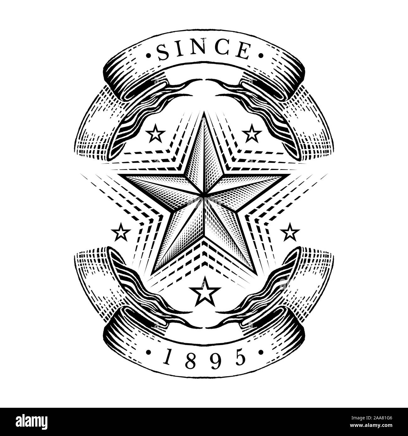 Engraving star between of two ribbons isolated on white. Vintage style ...