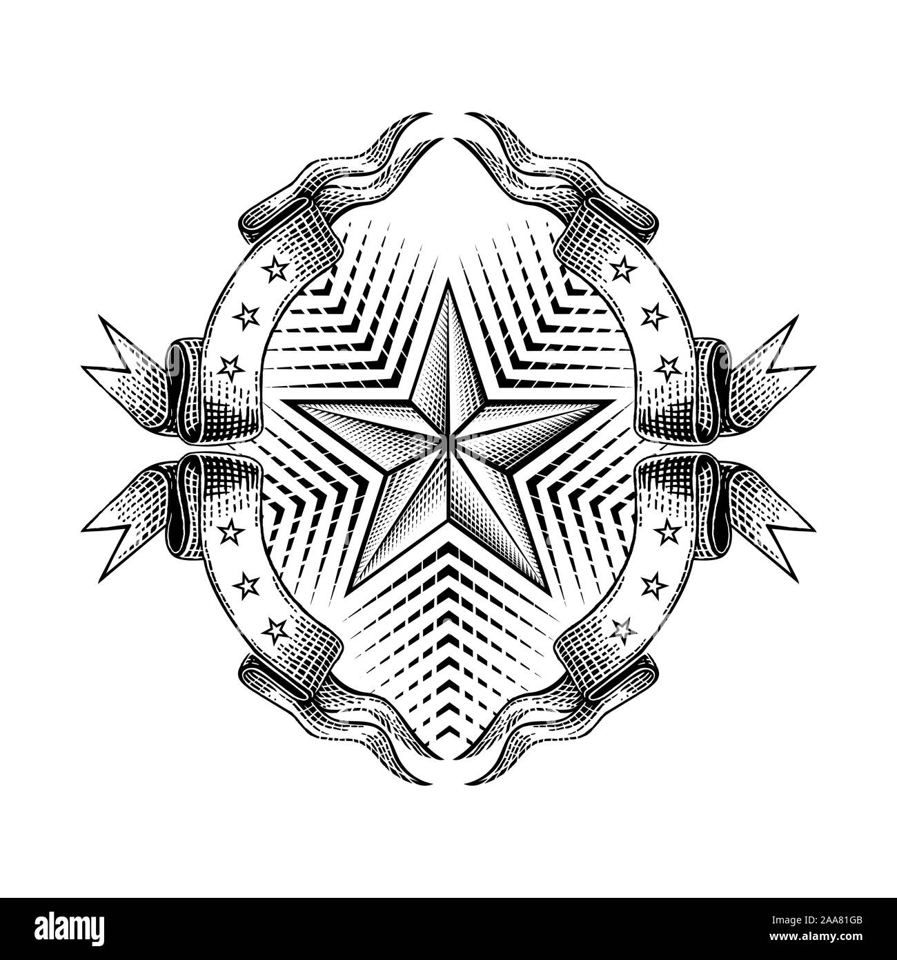 Engraving star in the middle of frame from ribbon isolated on white ...