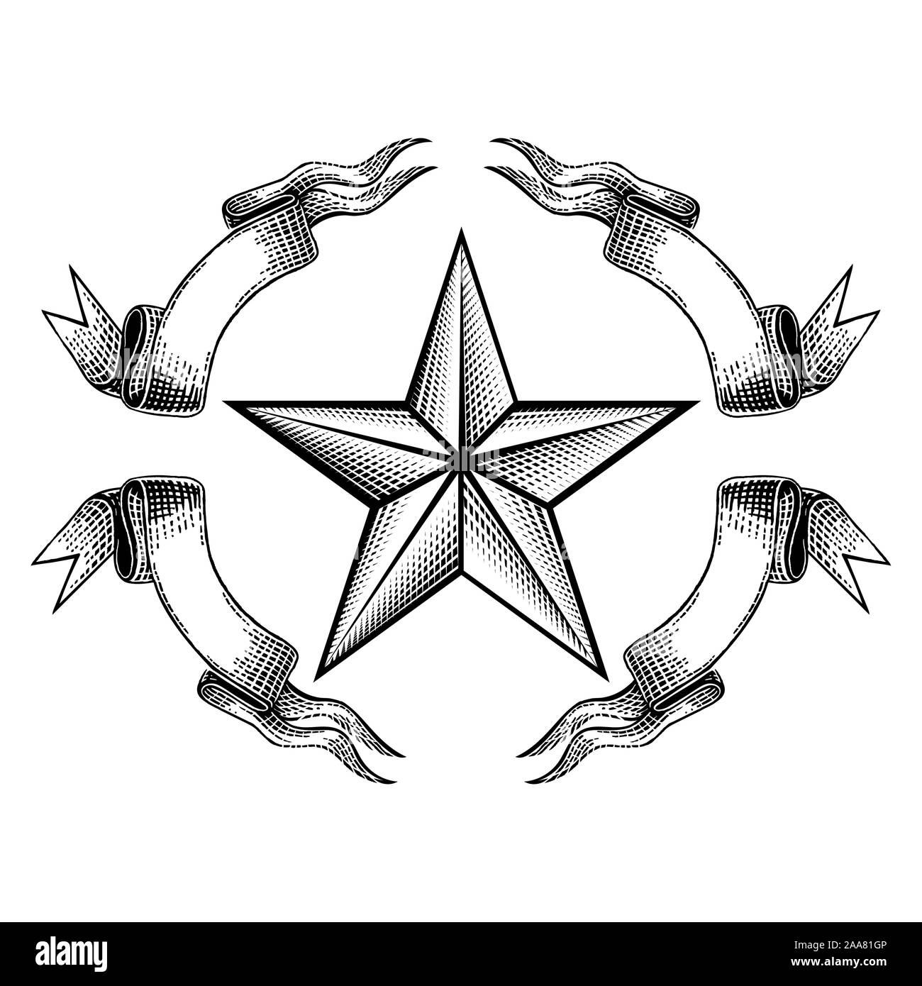 Engraving star in the middle of ribbons isolated on white. Vintage ...