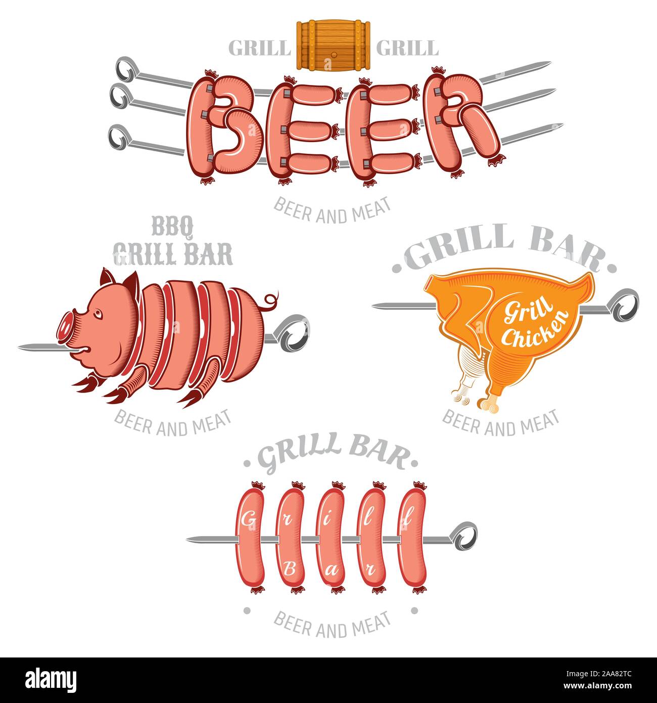 Set of color grill and BBQ labels or emblems isolated on white. Pork ...