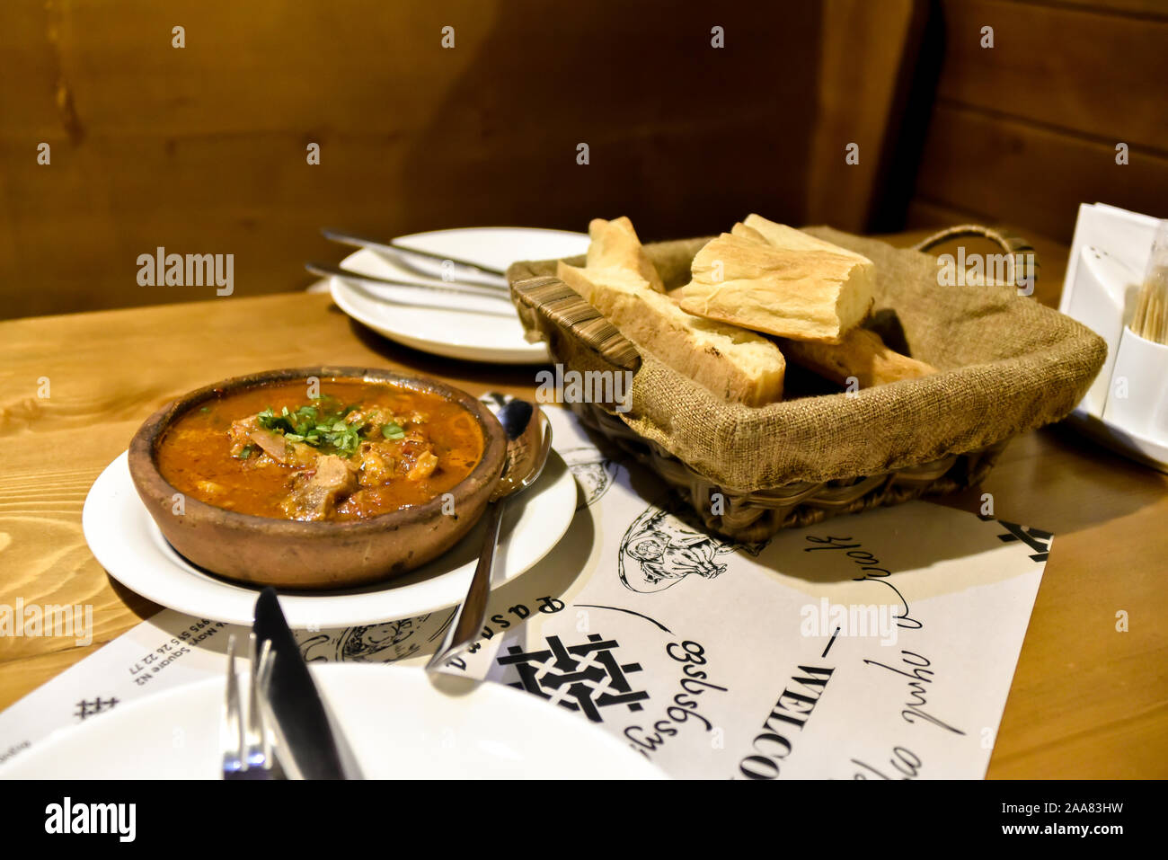 Close-up Georgian dishes and food with bread and beer, Tbilisi ...
