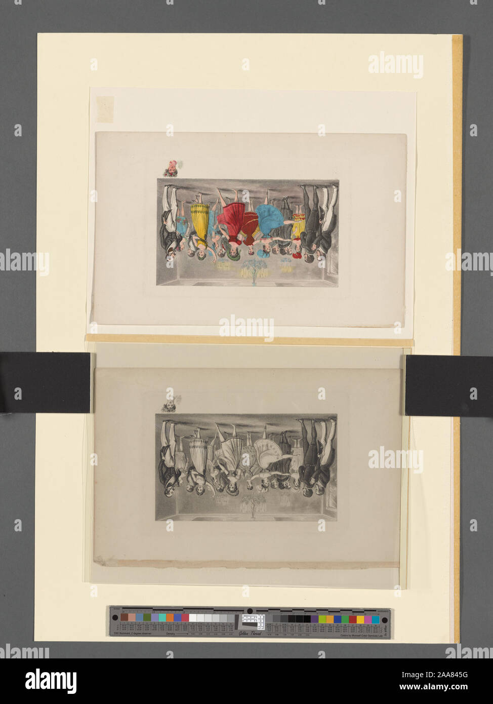 A foyer with seven female dancers in costume and eight male visitors ...