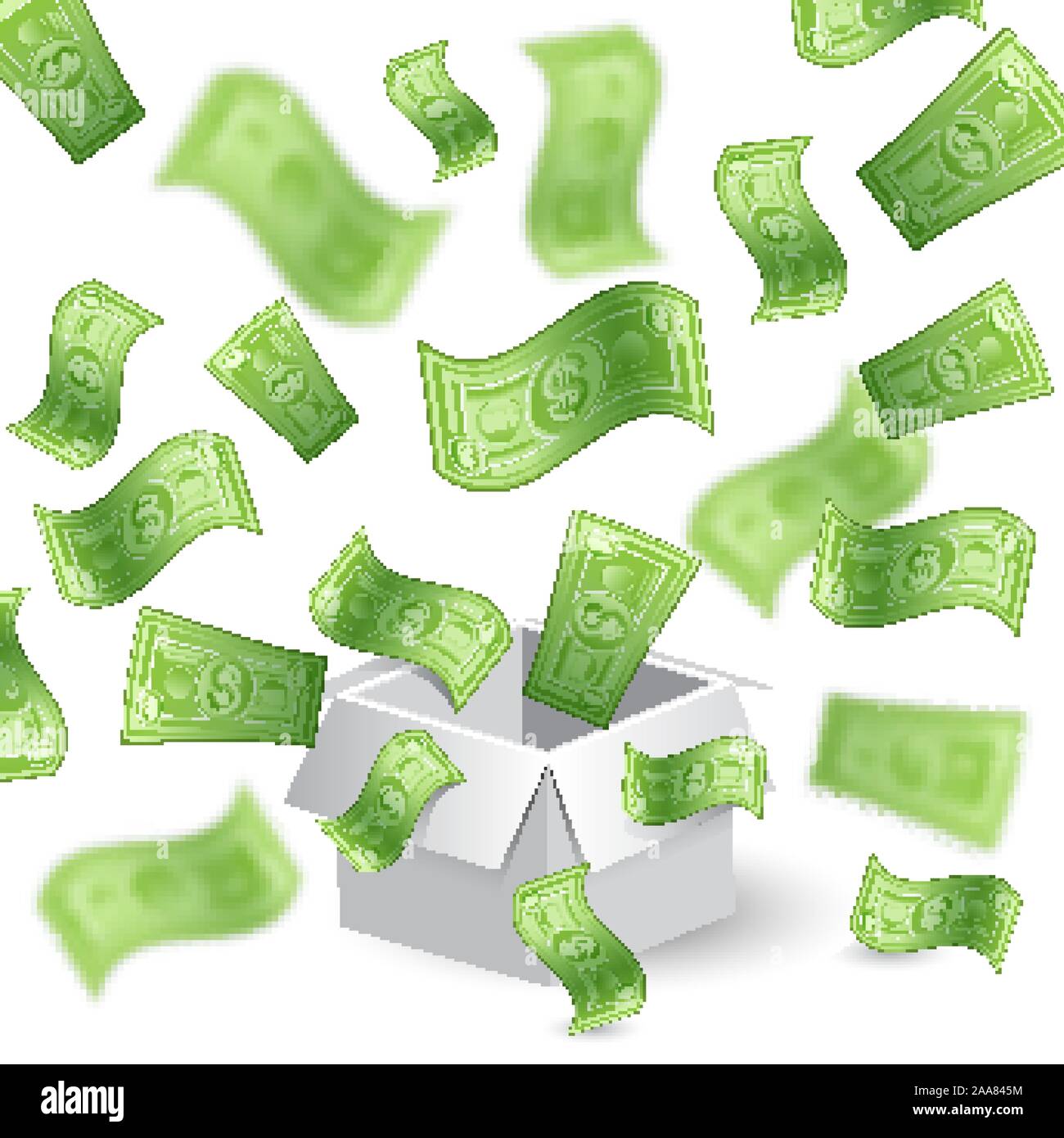 Banknotes with depth of field effect flying from open gift box Stock ...