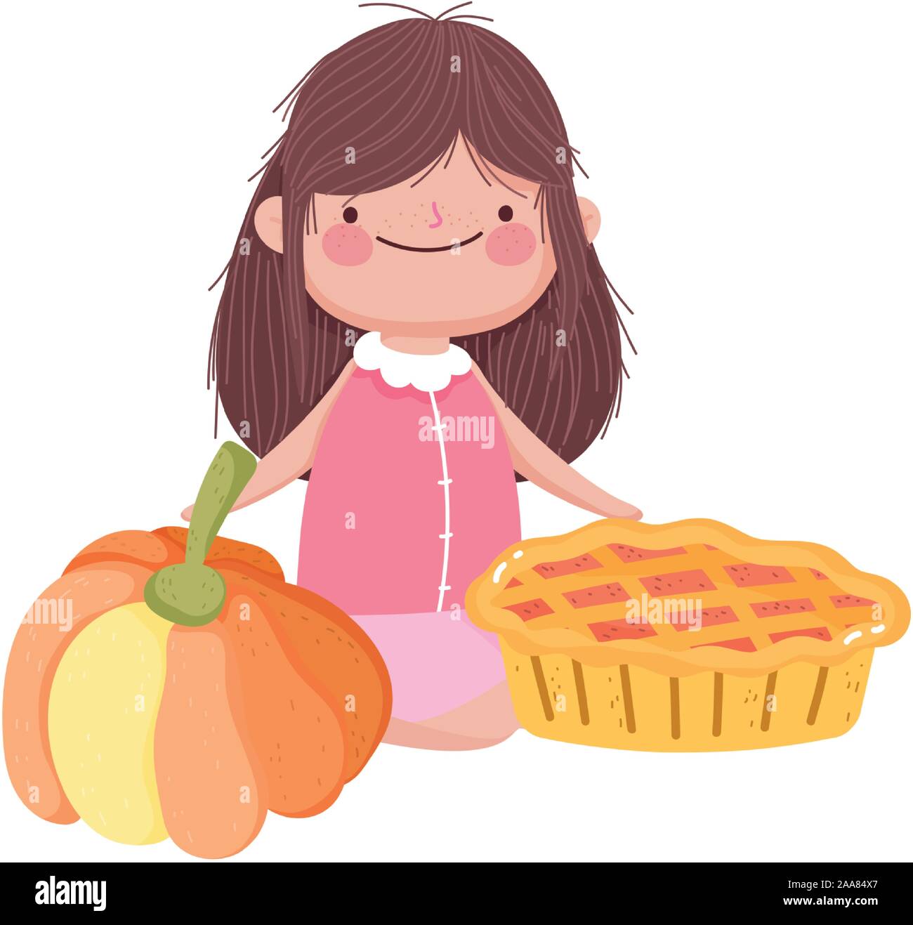 happy thanksgiving day cute little girl with sweet pie and pumpkin ...