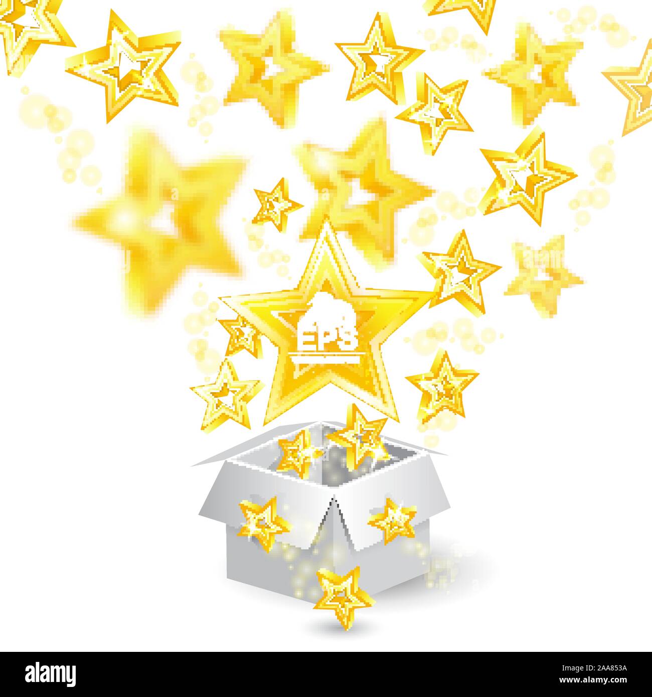 Golden stars with depth of field effect flying from open box Stock ...
