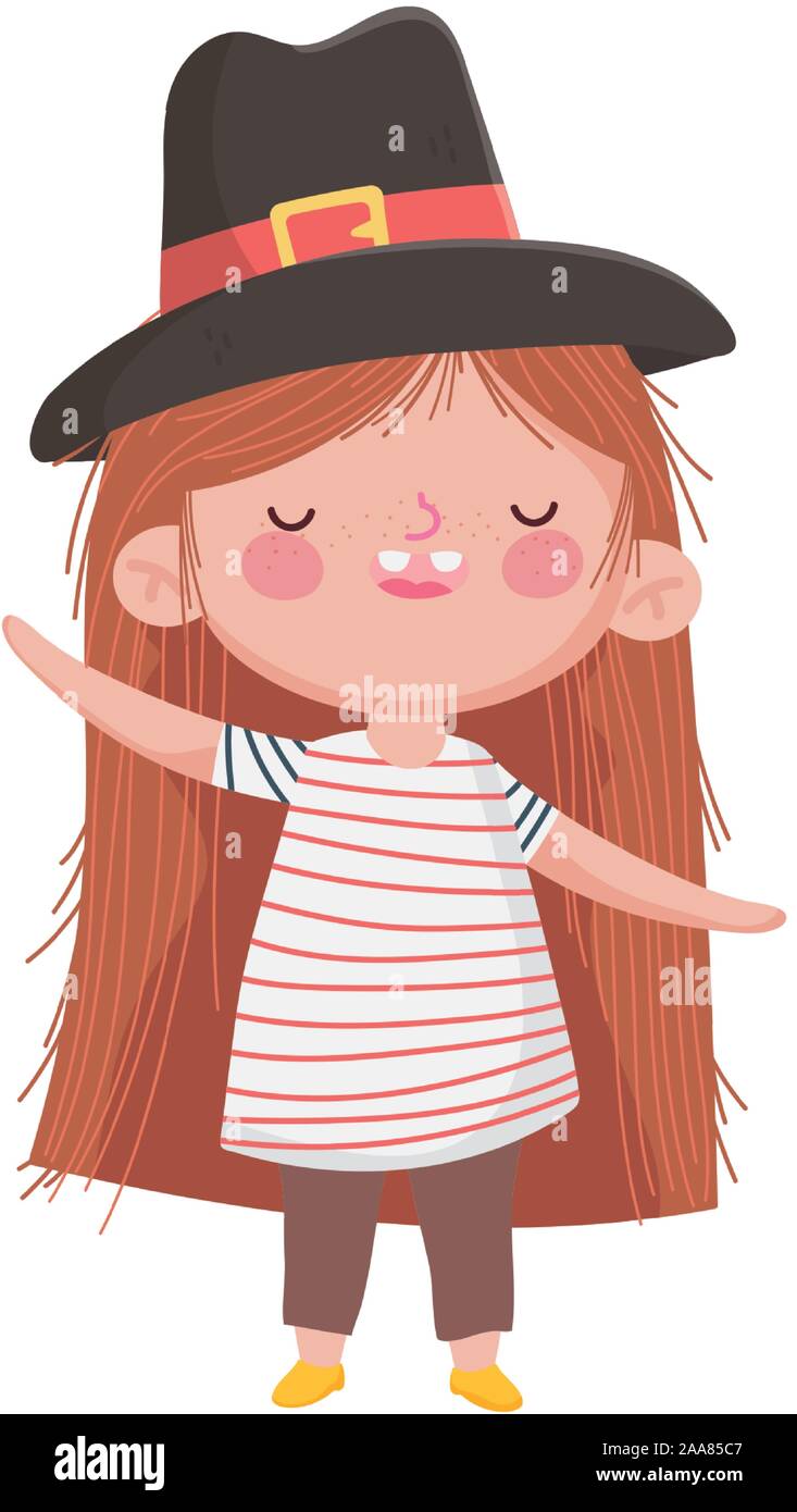 happy thanksgiving day little girl with pilgrim hat vector illustration ...
