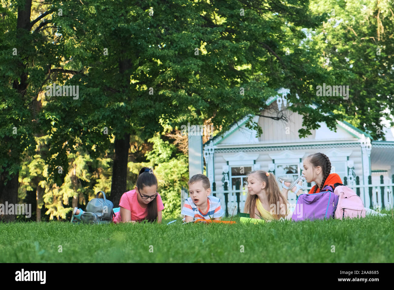 Children and education, Group of schoolchildren doing homework on the ...