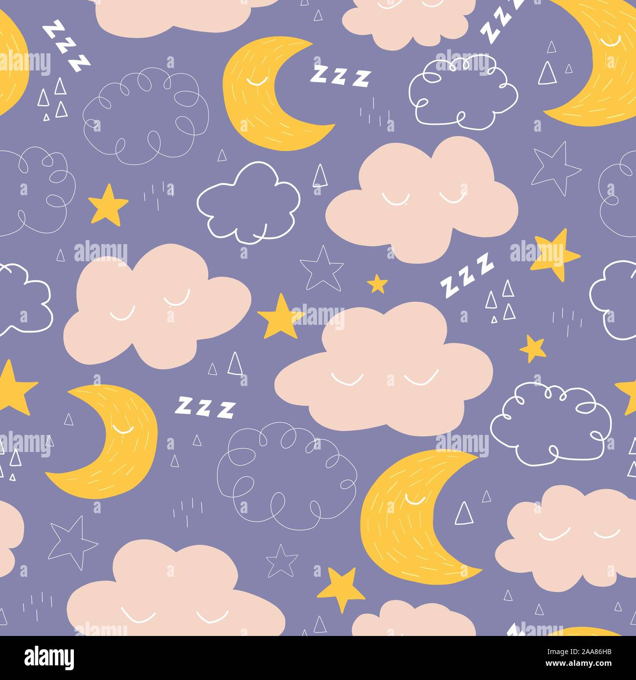 Moon, stars and clouds seamless vector pattern with cute night sky ...