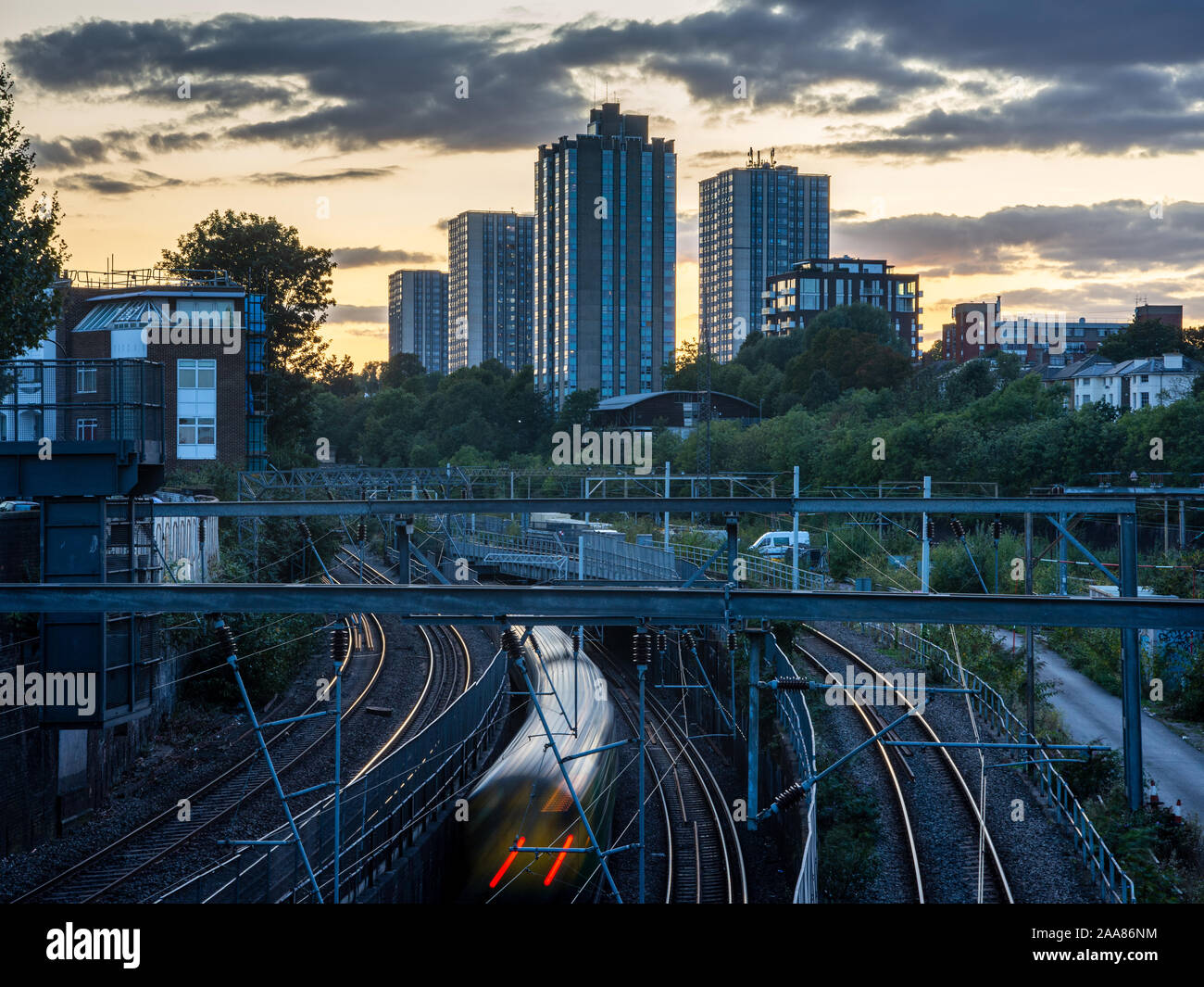 London, England, UK - September 5, 2019: The sun sets behind the high ...