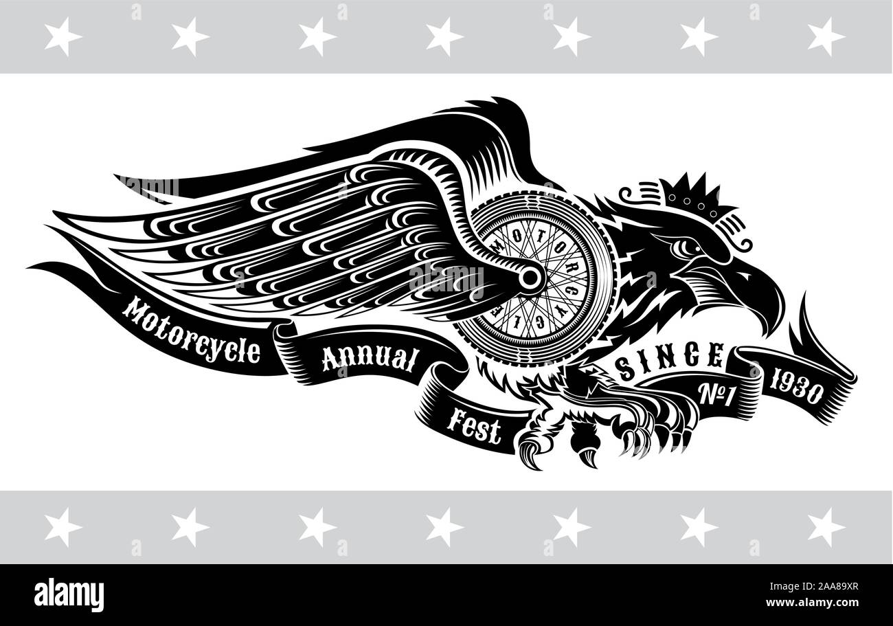 Eagle with motorbike wheel wings wings and ribbon. Vintage motorcycle ...