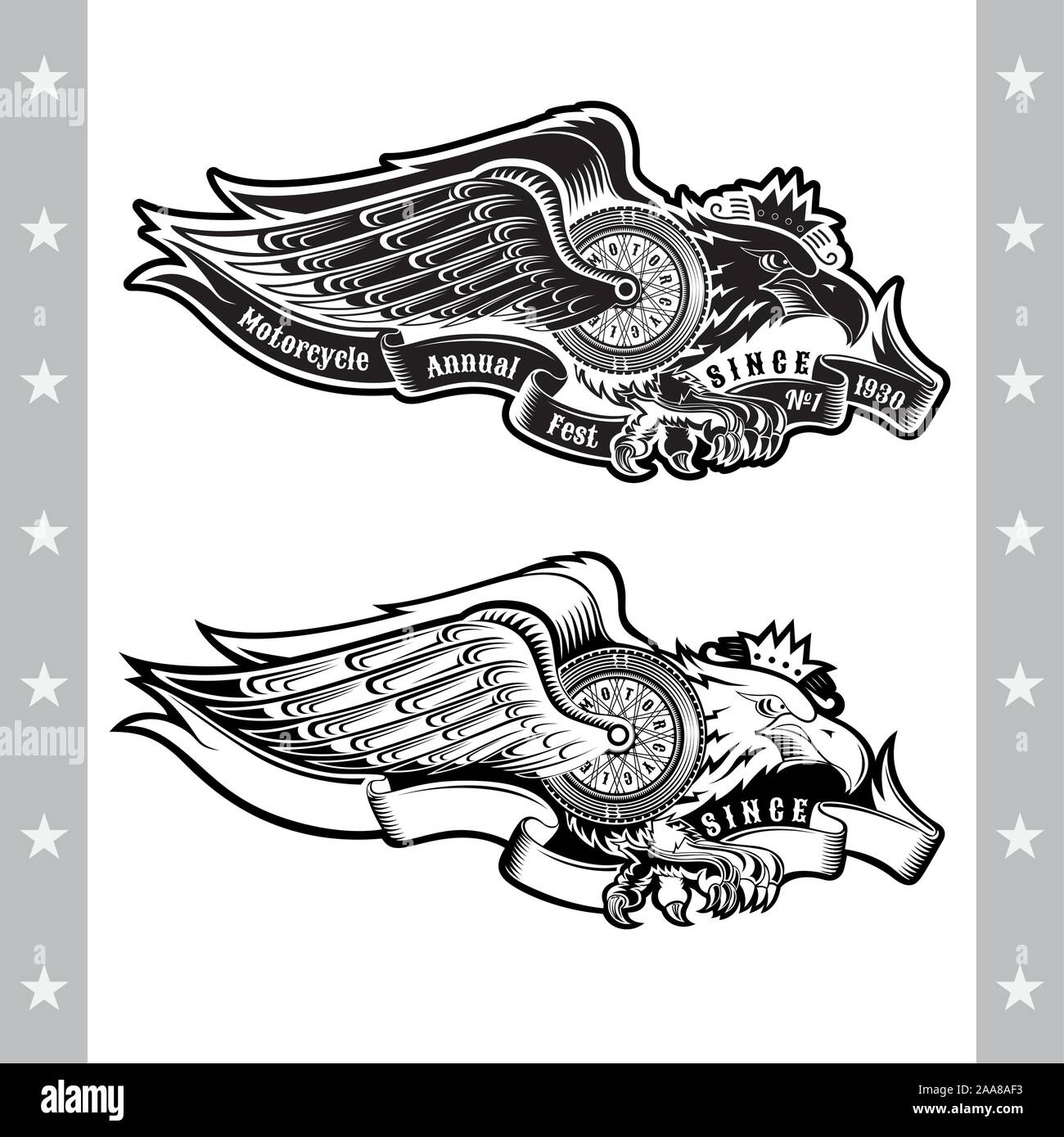Eagle with motorbike wheel wings wings and ribbon. Vintage motorcycle ...