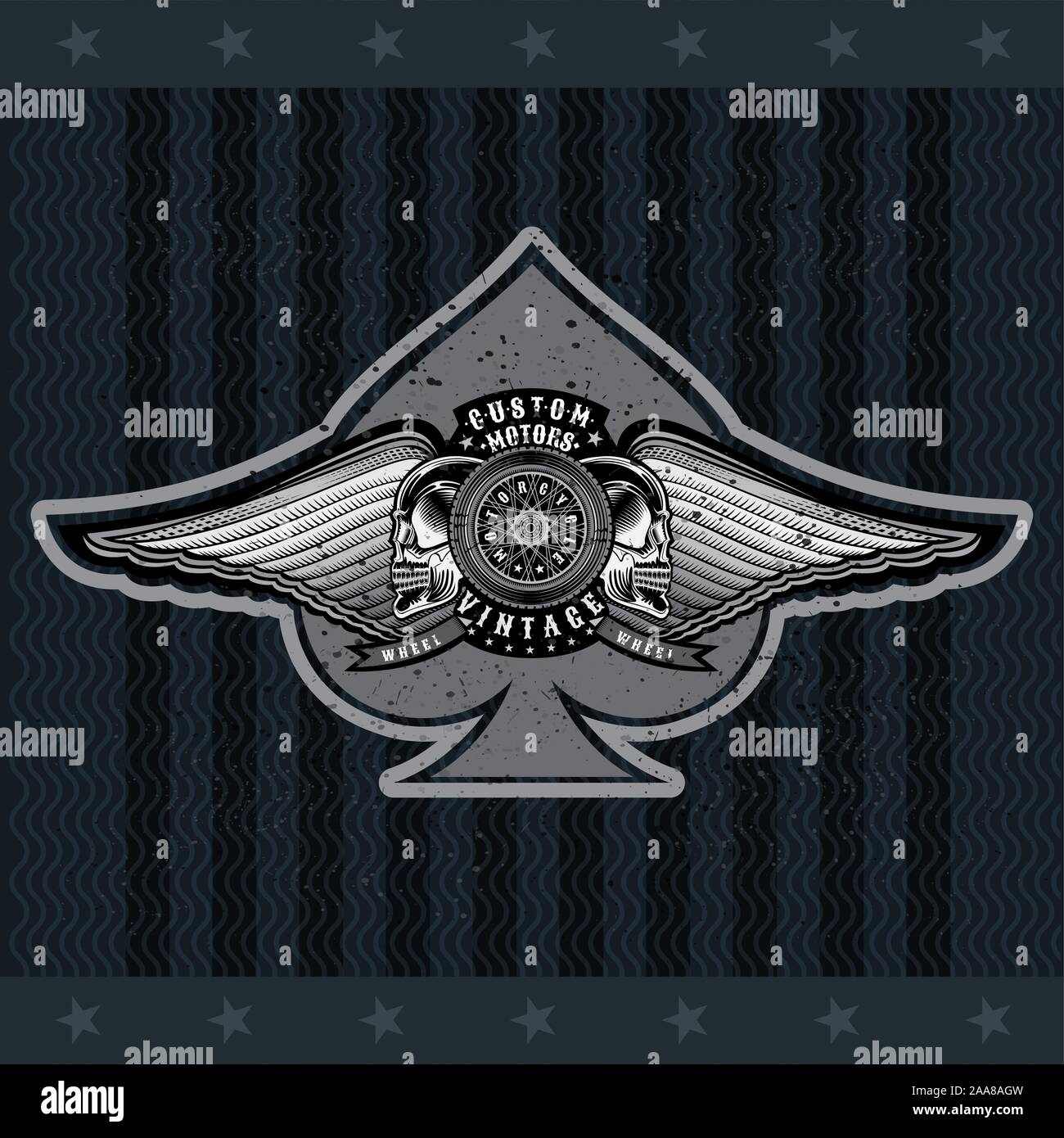 Motorbike wheel between pair of wings and skulls in center of spades ...