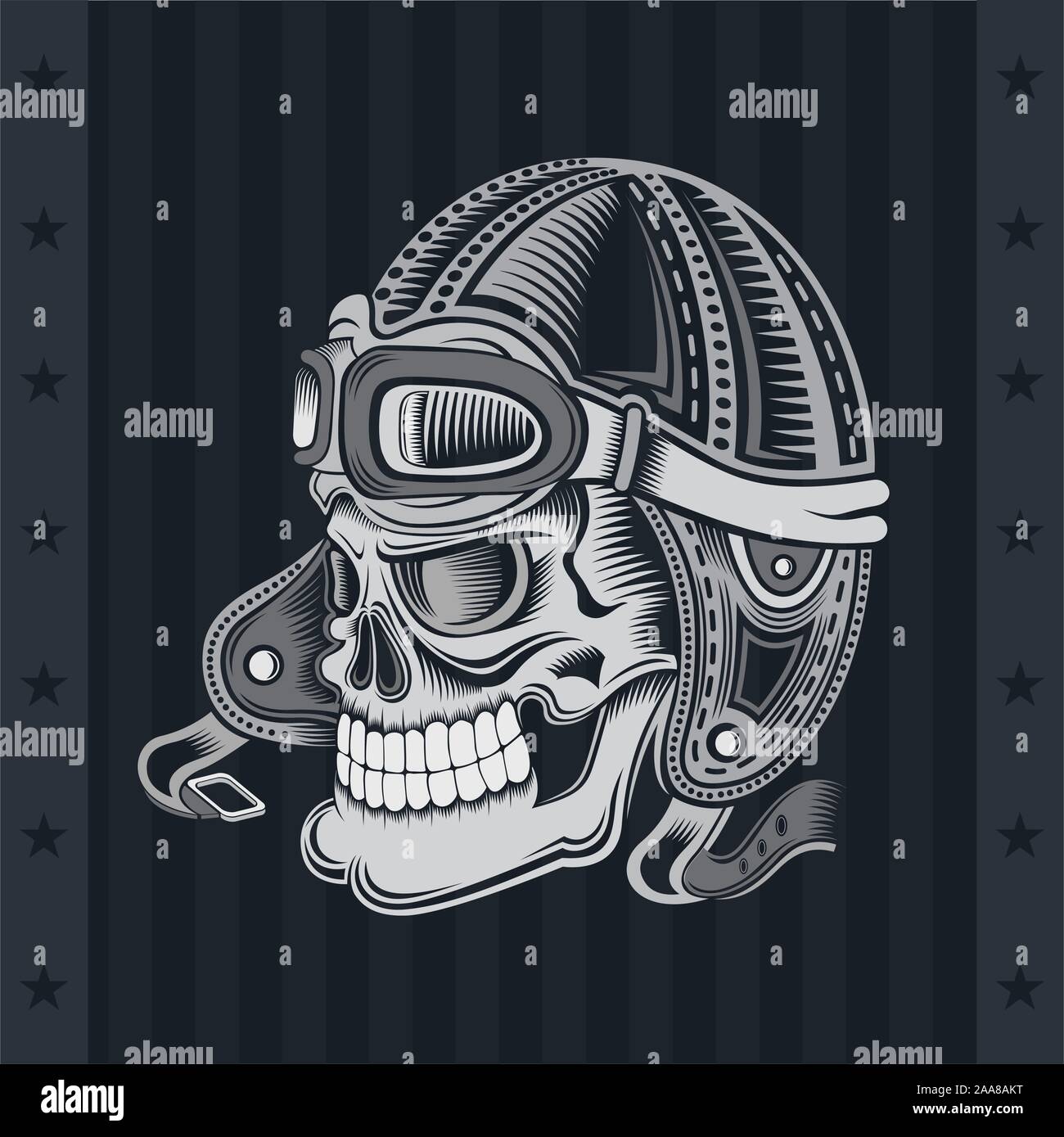 Monochrome illustration of skull side view with vintage motorcycle or ...