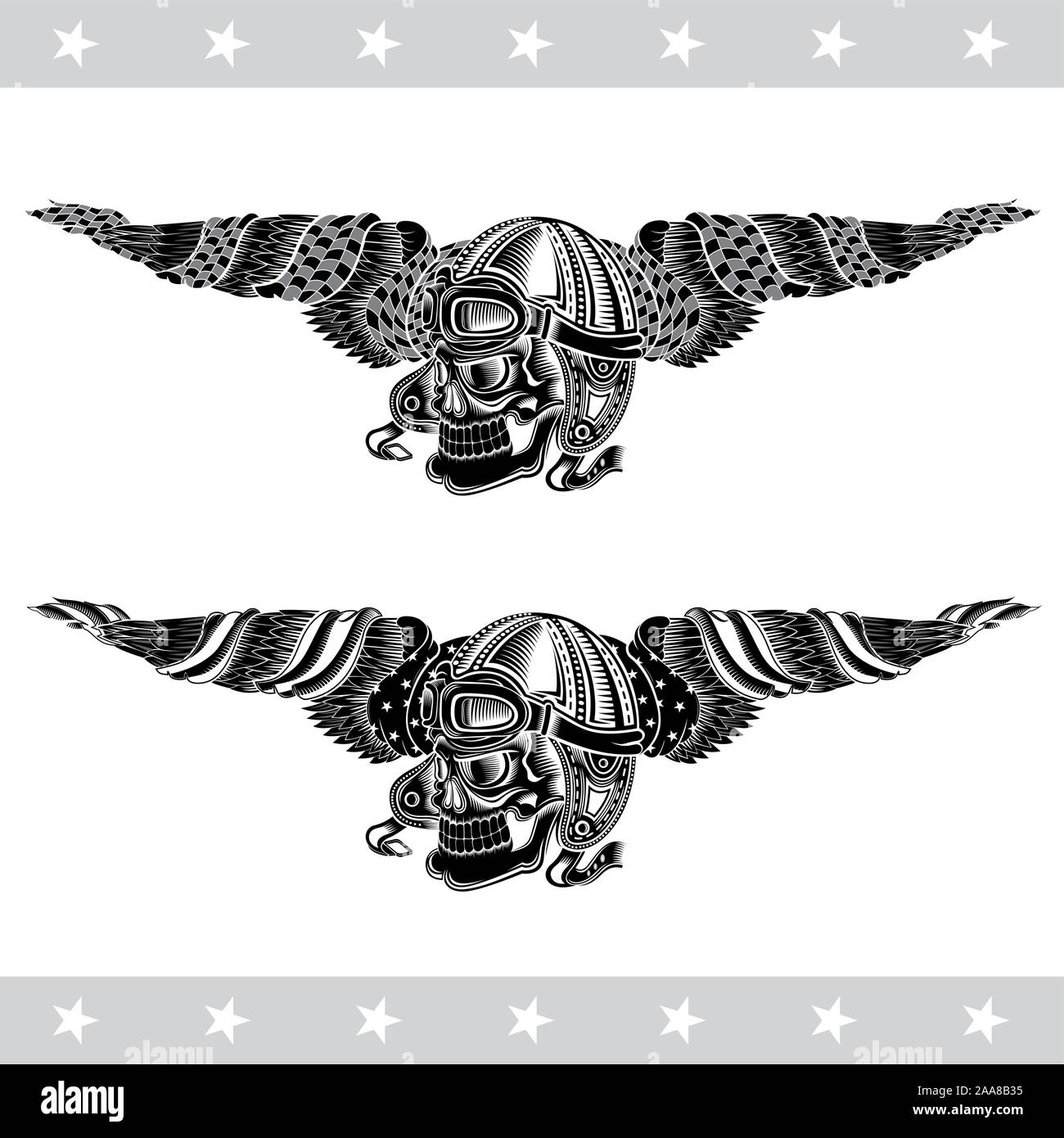 Monochrome illustration of skull with vintage motorcycle or aviator hat ...