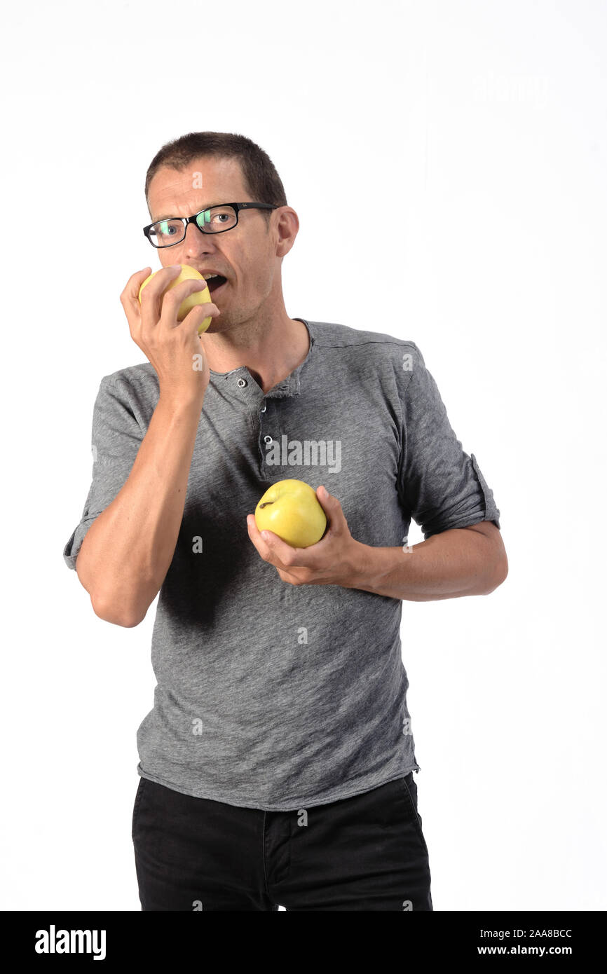 man with Apple on white background Stock Photo - Alamy