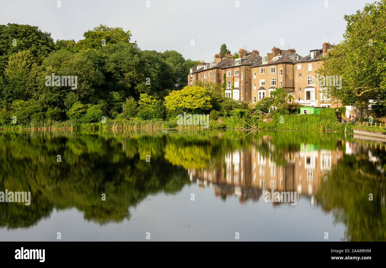 London, England, UK - July 4, 2019: Townhouses and trees are reflected ...