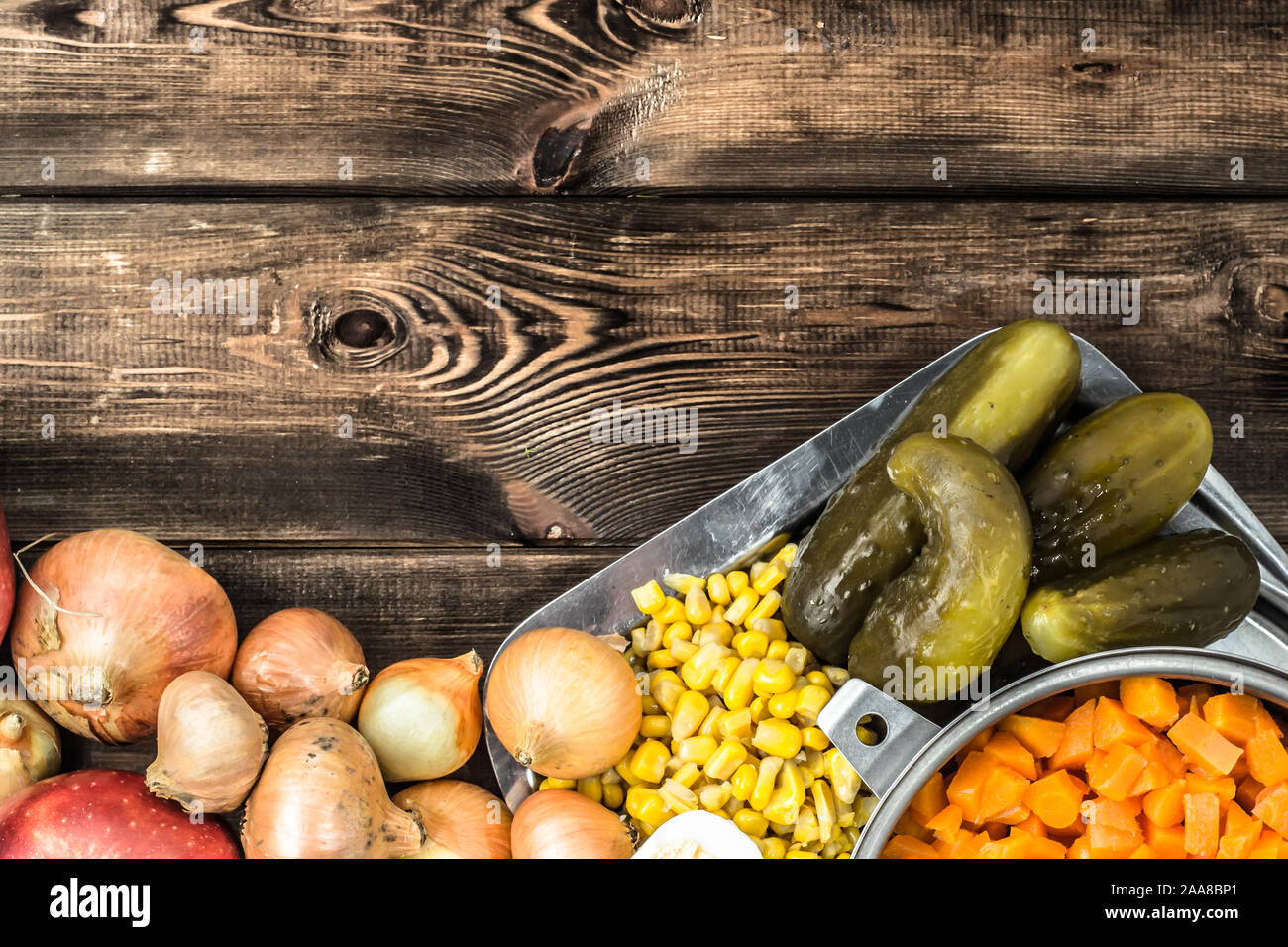 Ingredients of vegetable salad, cooking recipe, traditional polish ...