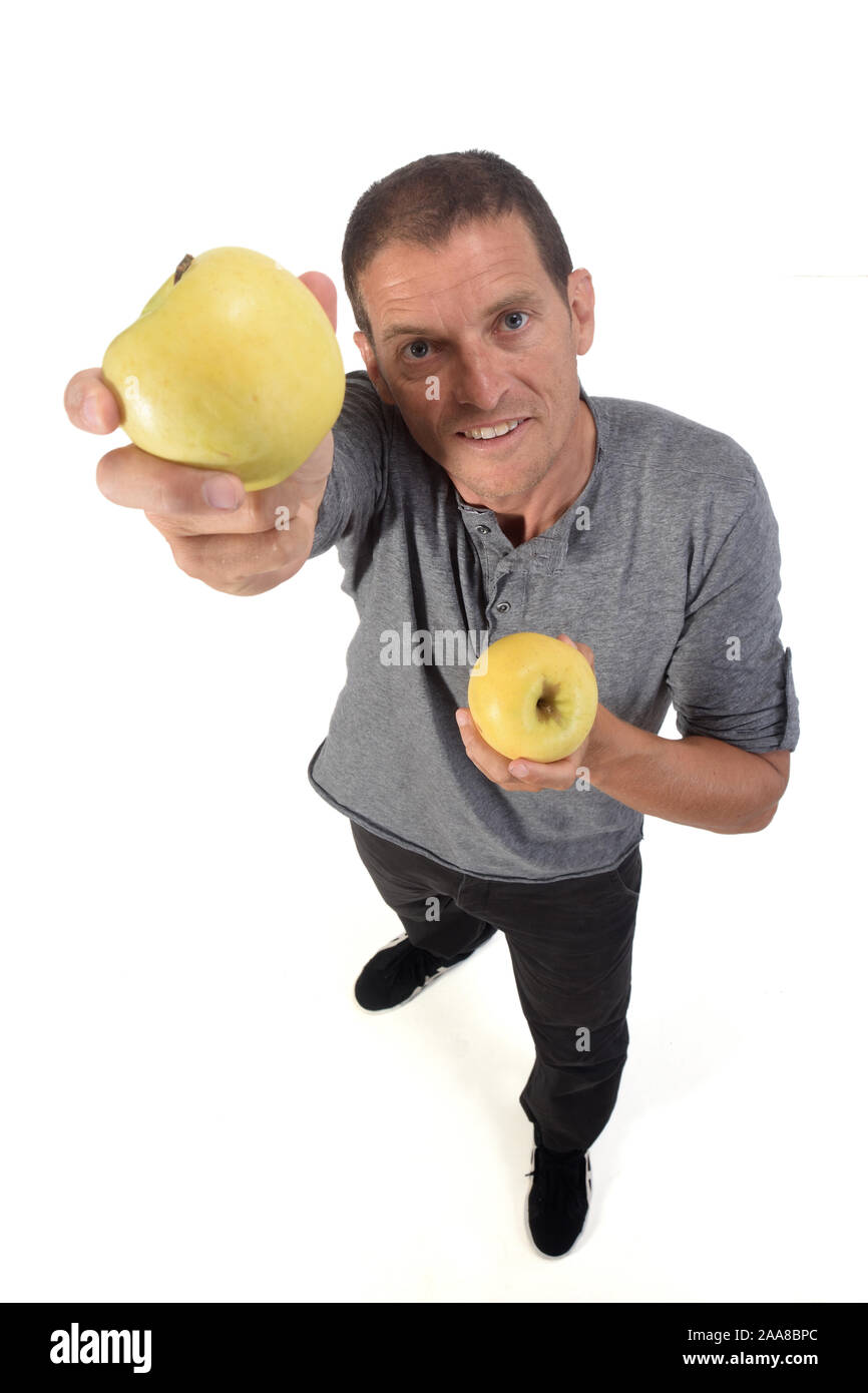 man with Apple on white background Stock Photo - Alamy