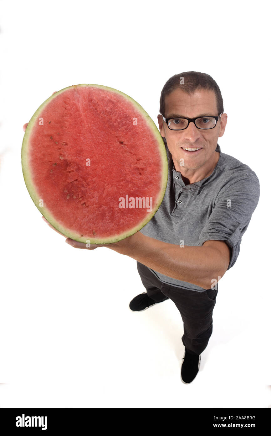 man with watermelon on white background Stock Photo - Alamy