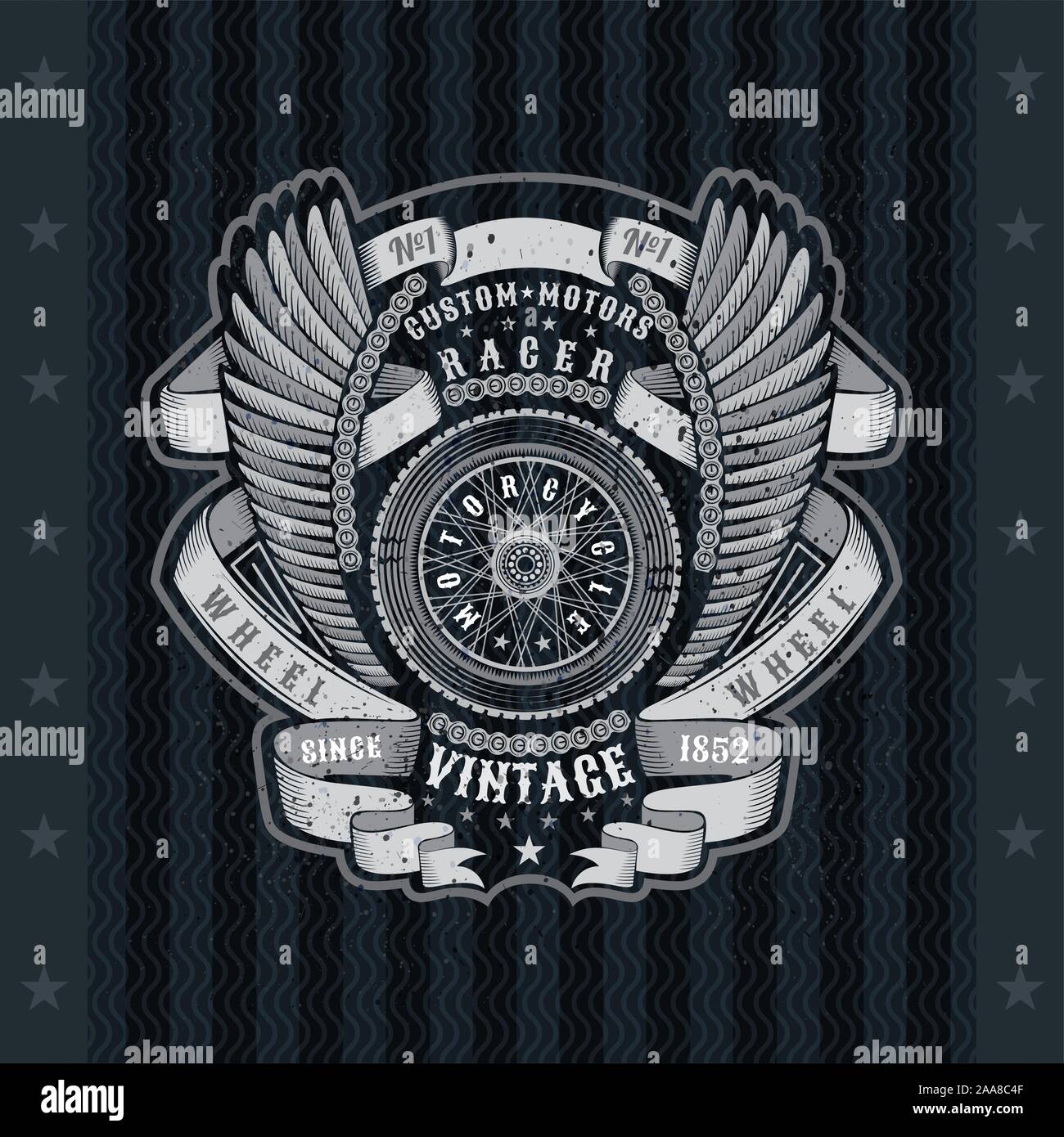 Motorbike wheel between wings, ribbons and chain. Vintage motorcycle ...