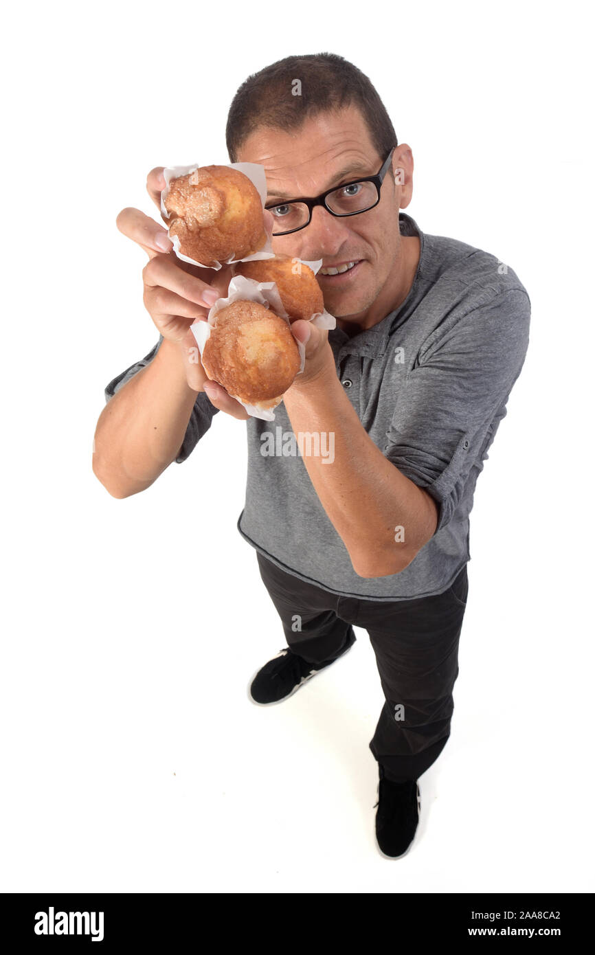 man with muffin on white background Stock Photo - Alamy