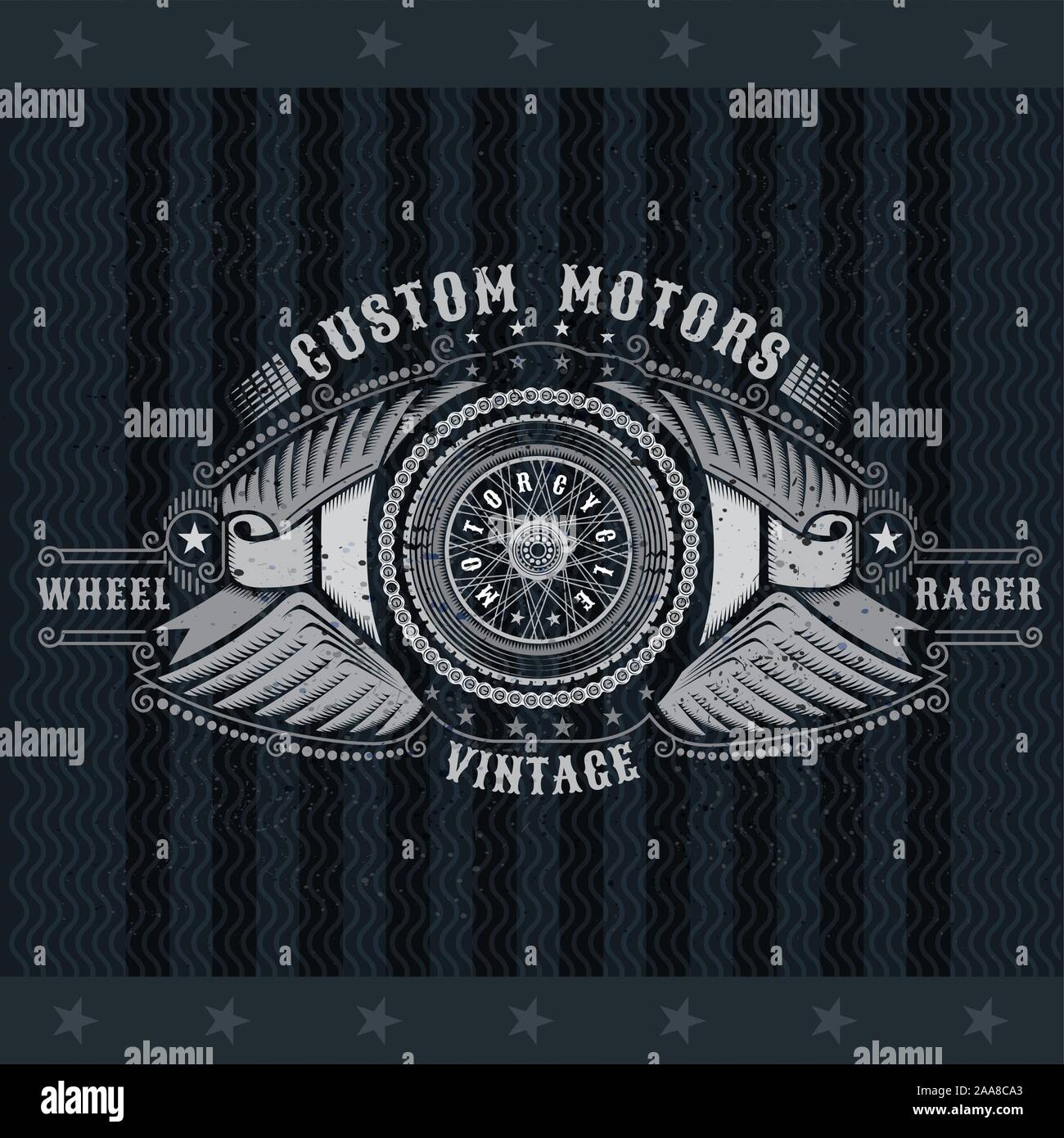 Motorbike wheel in center of chain between two pair of wings and ...