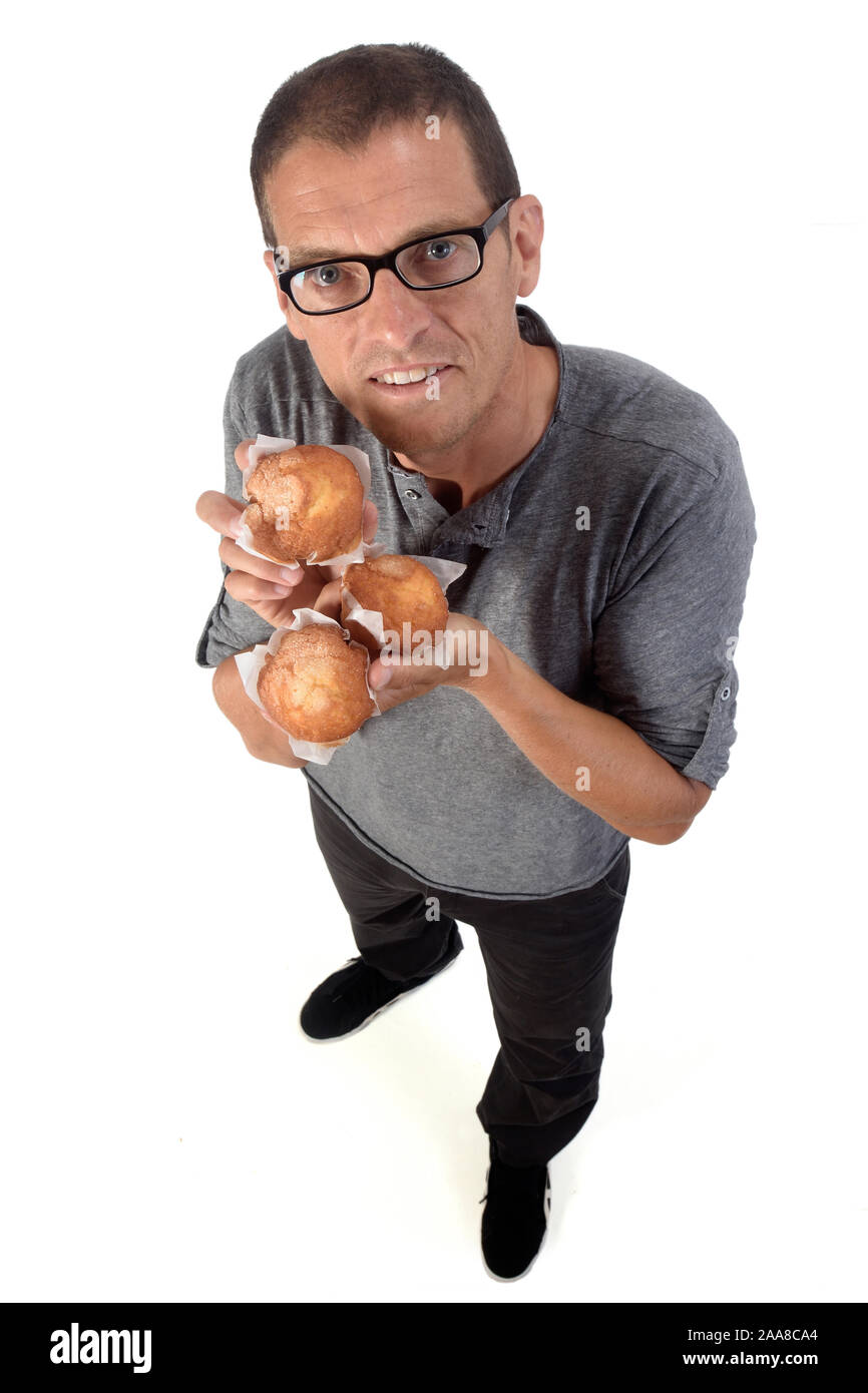 man with muffin on white background Stock Photo - Alamy