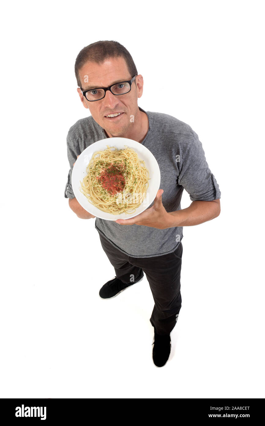 man with spaghetti on white background Stock Photo - Alamy