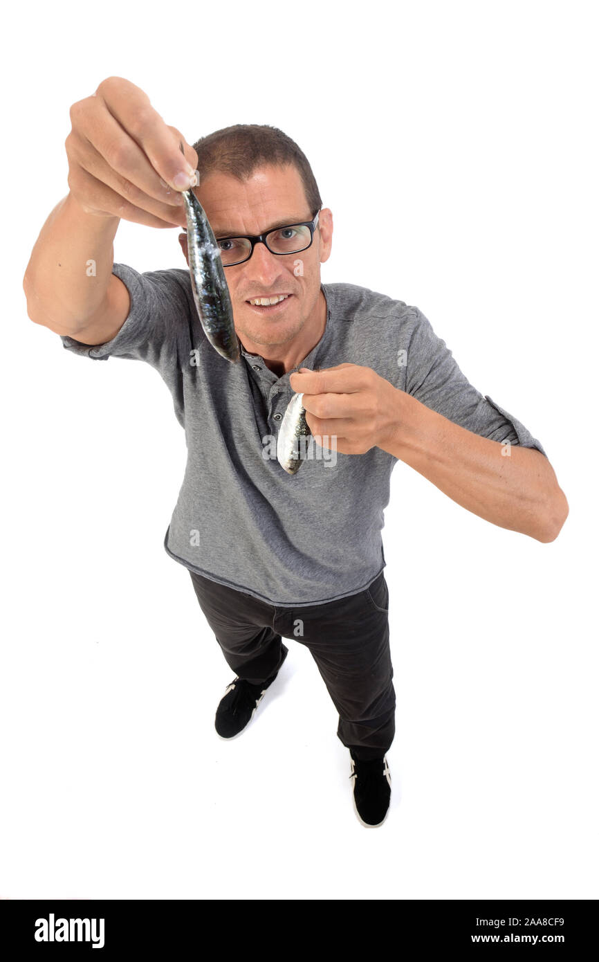 man with sardine on white background Stock Photo - Alamy