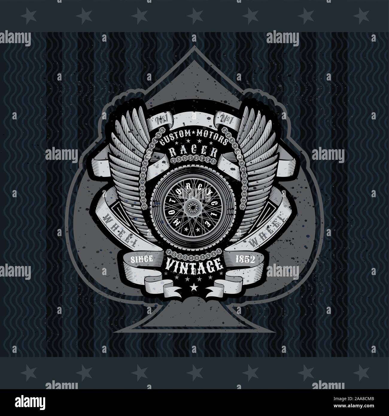 Motorbike wheel between wings, ribbons and chain. Vintage motorcycle ...