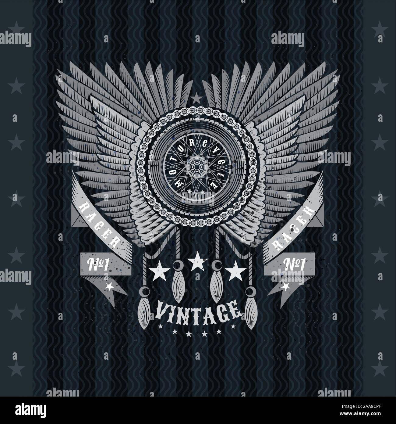 Motorbike wheel in center of chain between wings and ribbons. Vintage ...