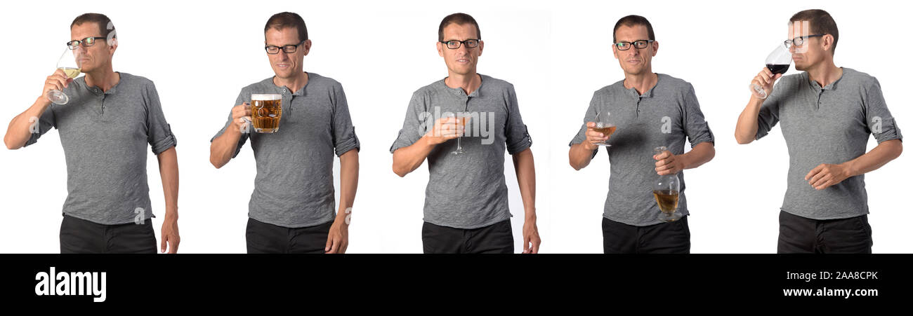 man drinking different alcoholic drinks Stock Photo - Alamy