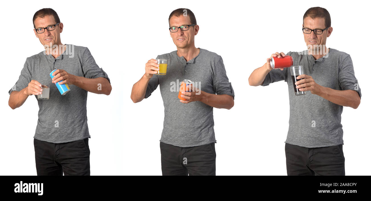 man drinking different soda drinks Stock Photo - Alamy