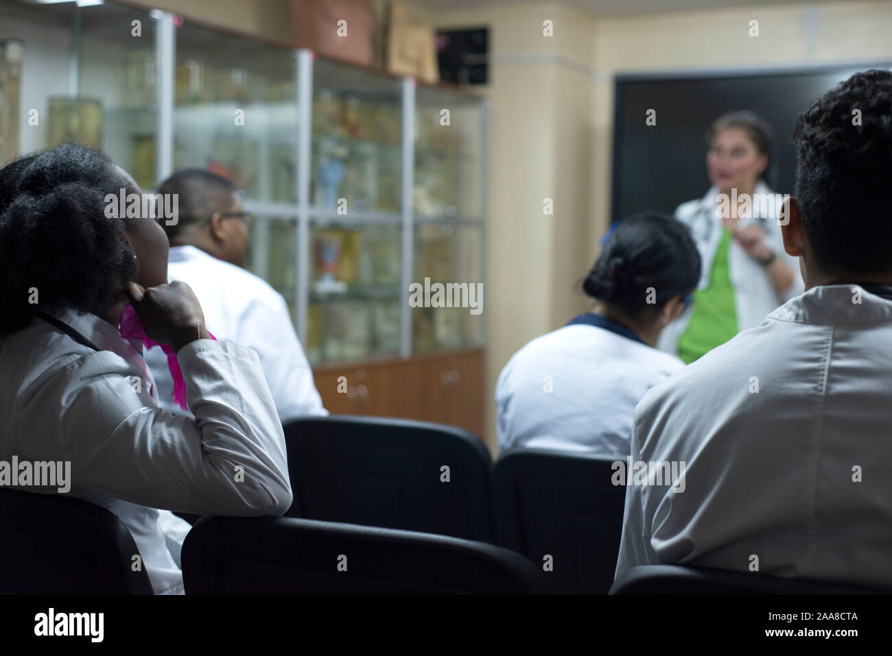 doctors, mixed race, in the classroom, at a medical conference. Young ...