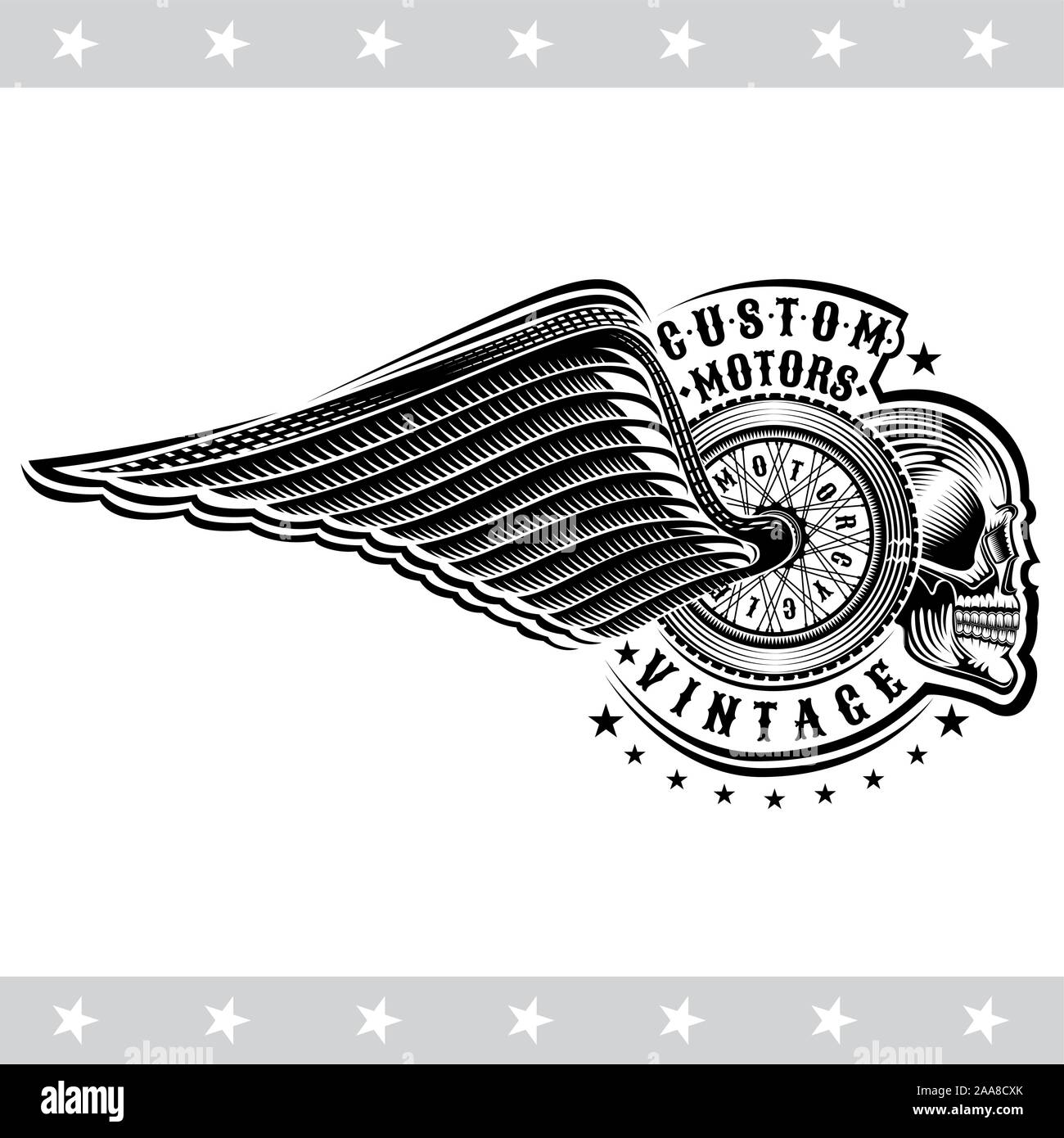 Motorbike wheel in side view with skulls and wing. Vintage motorcycle ...