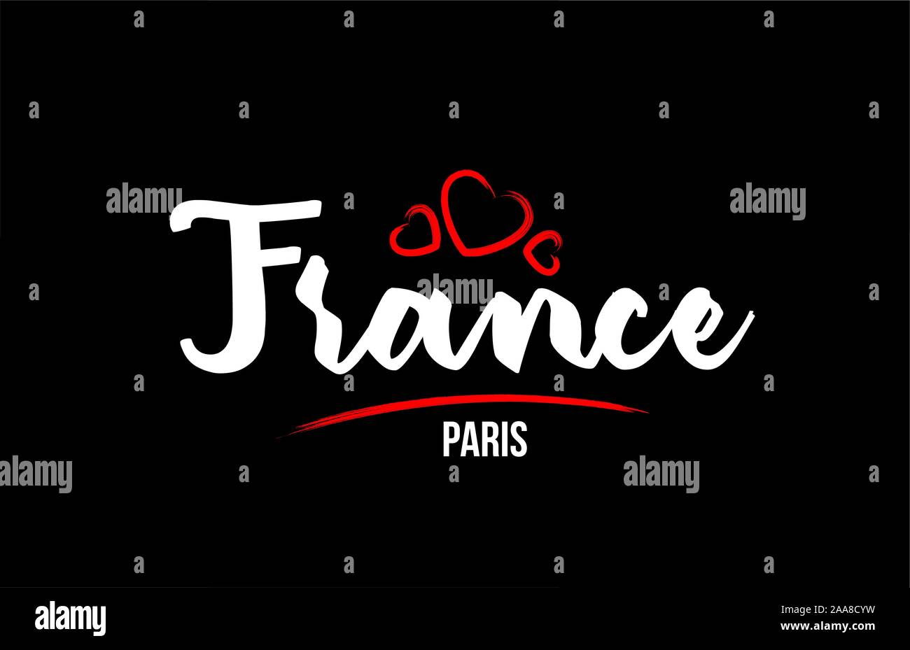 France country on black background with red love heart and its capital ...