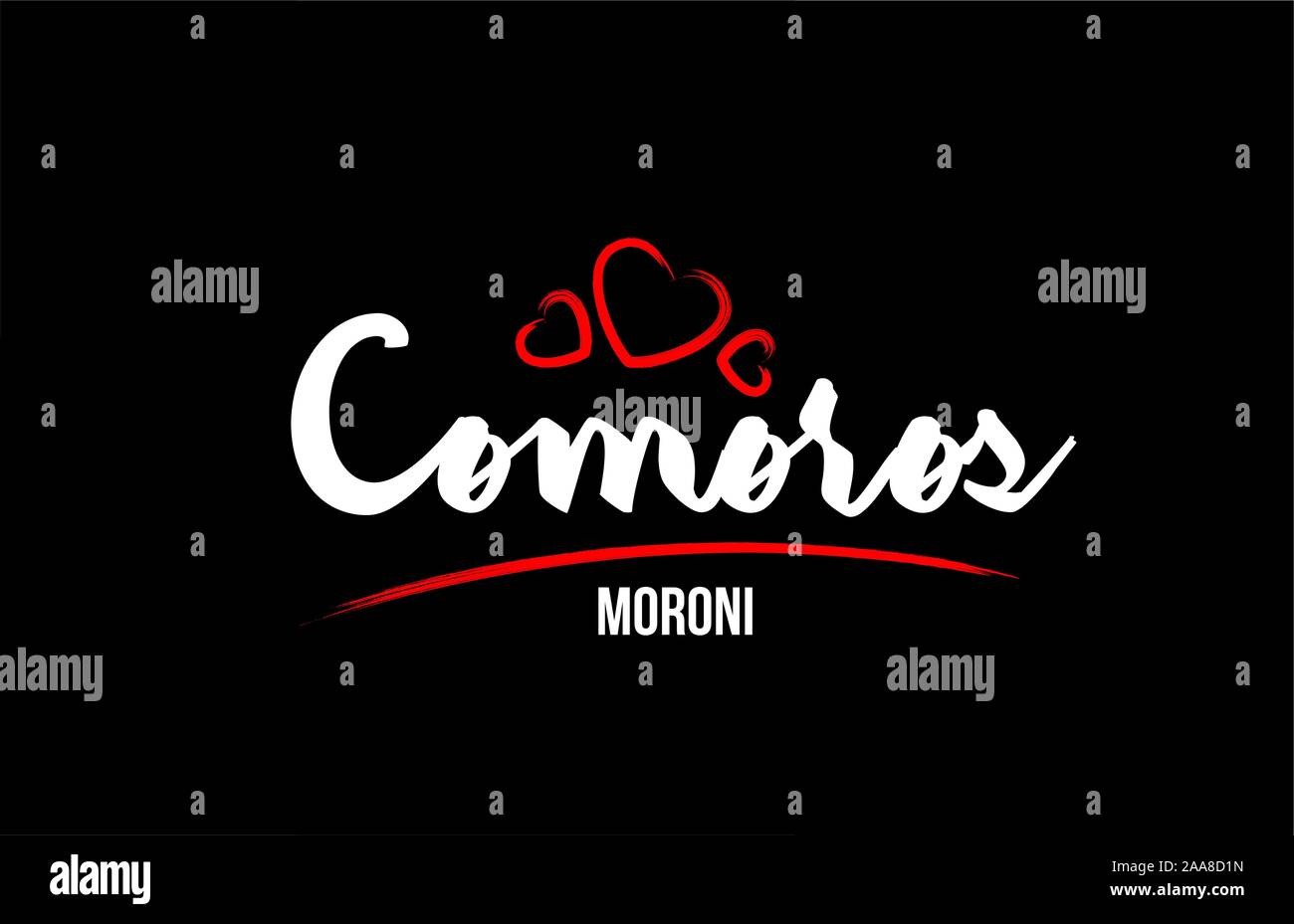 Comoros country on black background with red love heart and its capital ...