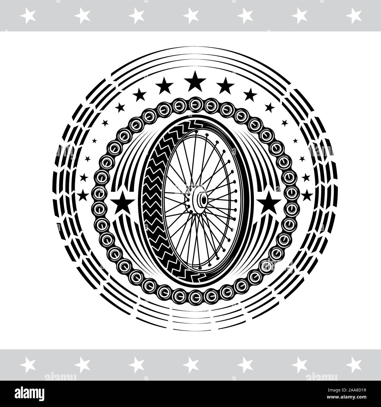 Motorbike wheel side view in center of round chain frame. Vintage ...