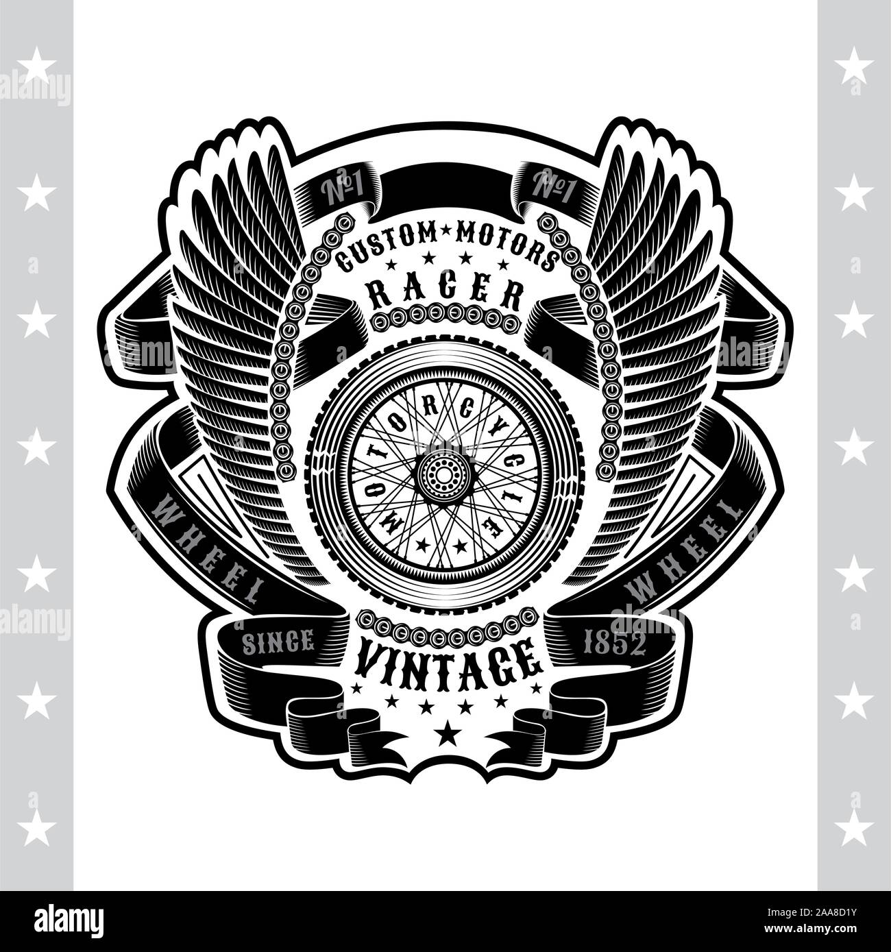 Motorbike wheel between wings, ribbons and chain. Vintage motorcycle ...