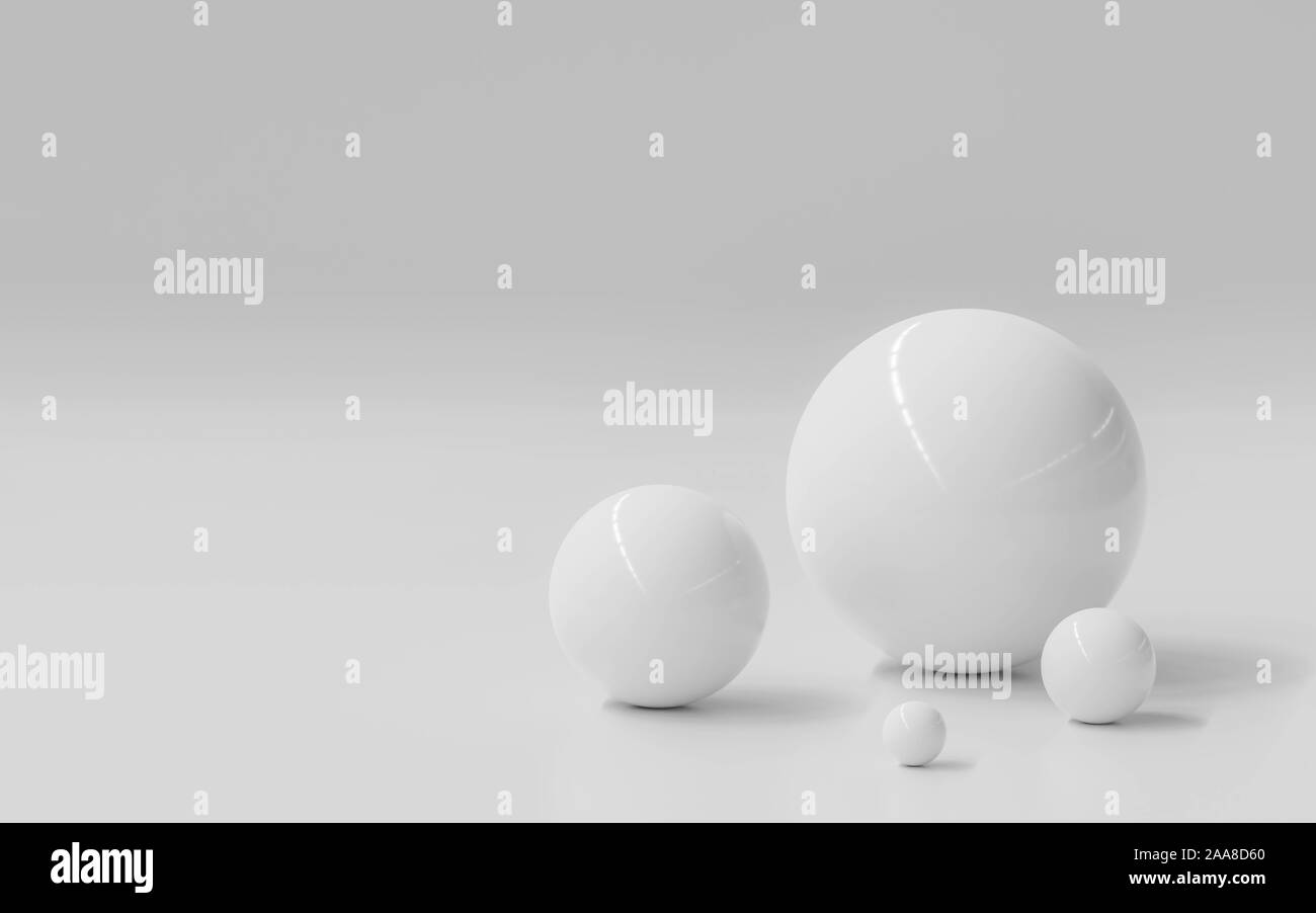 White spheres with glossy surface, on white matte background 3d ...