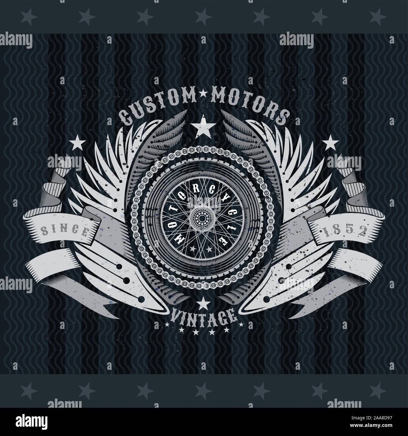 Motorbike wheel in center of wings and ribbon with round chain frame ...