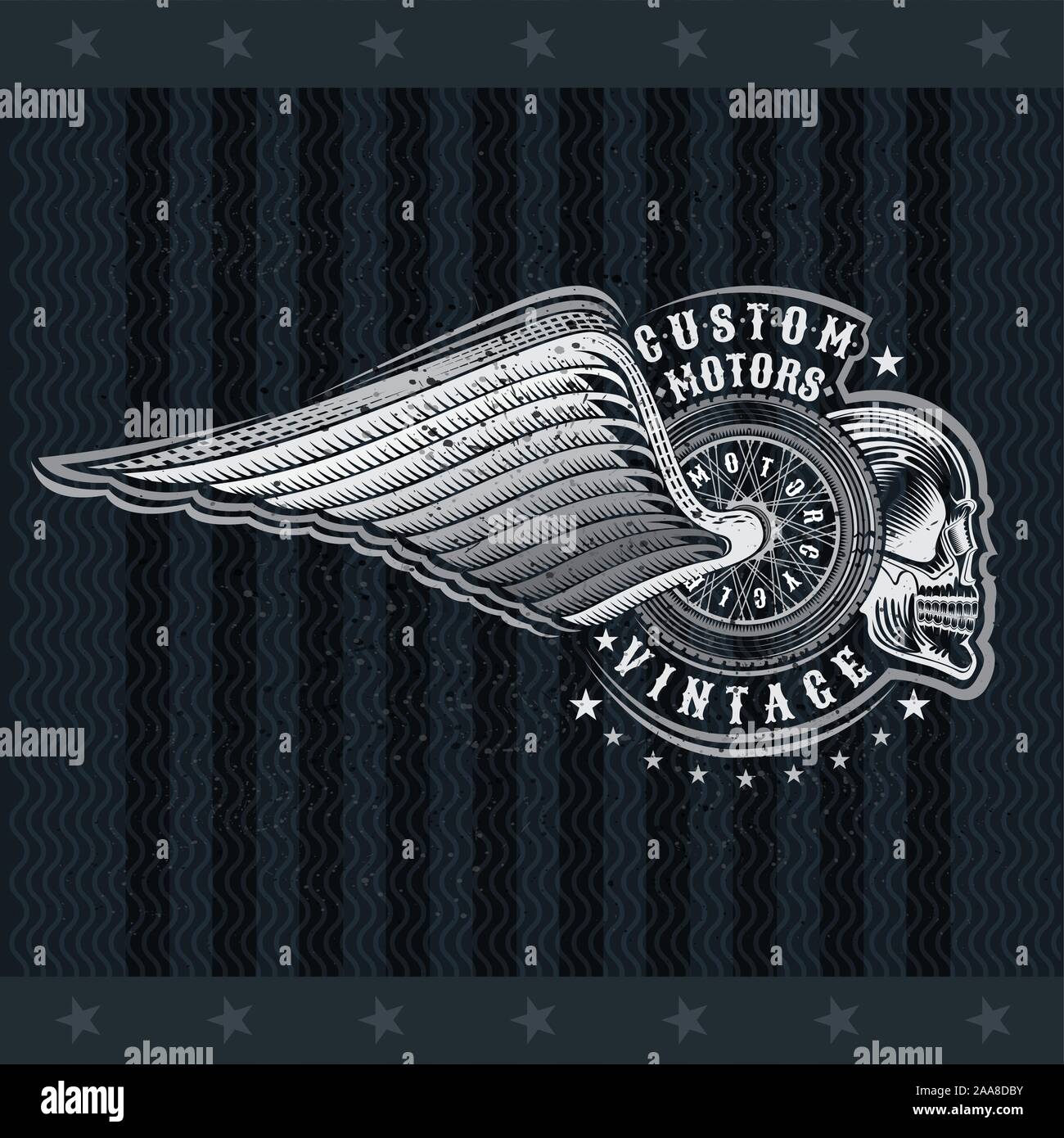 Motorbike wheel in side view with skulls and wing. Vintage motorcycle ...