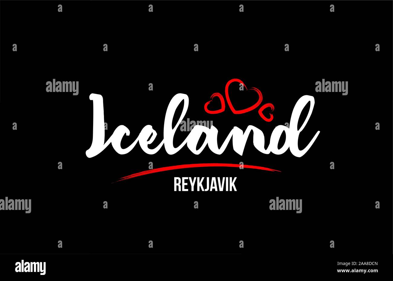Iceland country on black background with red love heart and its capital ...