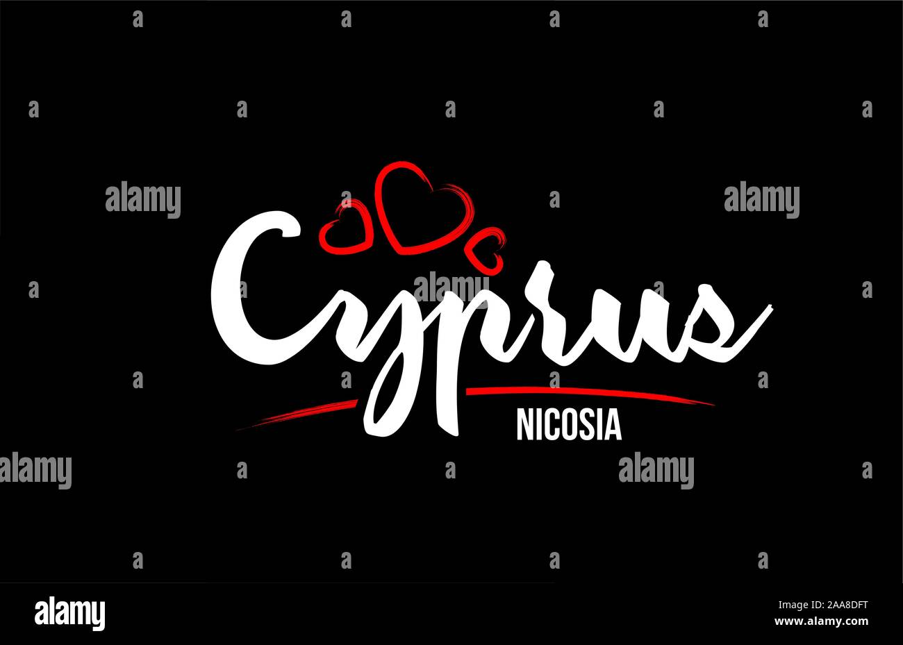 Cyprus country on black background with red love heart and its capital ...