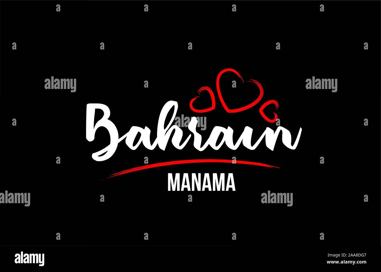 Bahrain country on black background with red love heart and its capital ...