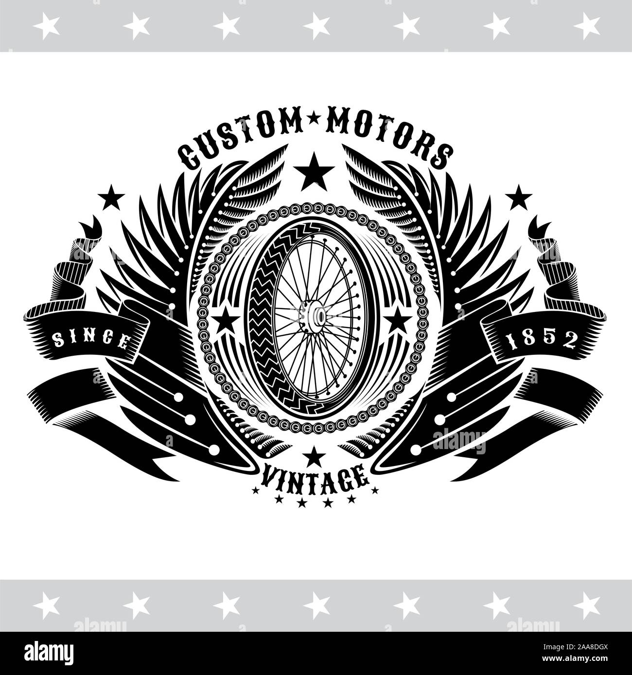 Motorbike wheel side view between wings and ribbon with round chain ...