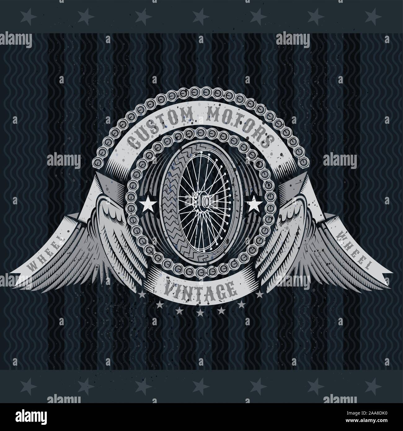 Motorbike wheel side view with round chain between wingsv and ribbons ...